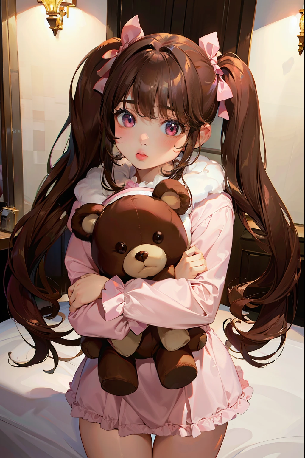 Anime girl with long brown hair holding a teddy bear - SeaArt AI