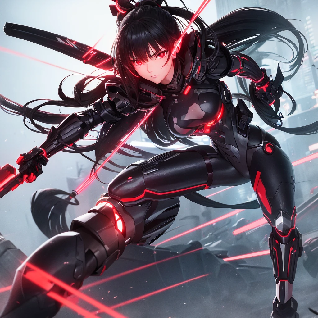“A detailed illustration of Ayame, a cyborg ninja girl, picking up ...