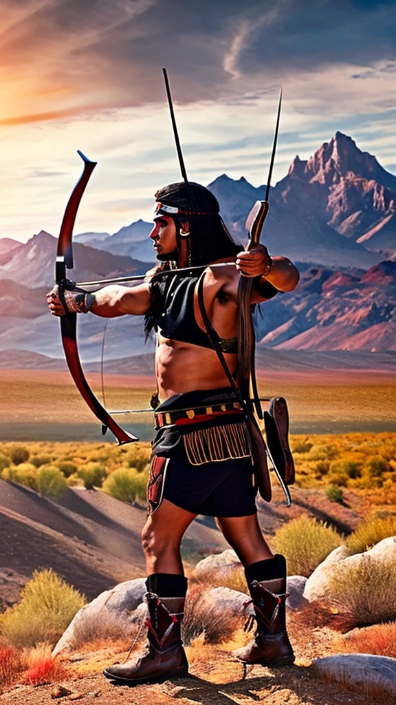 A native american archer in the wilderness, aiming bow and arrow at ...