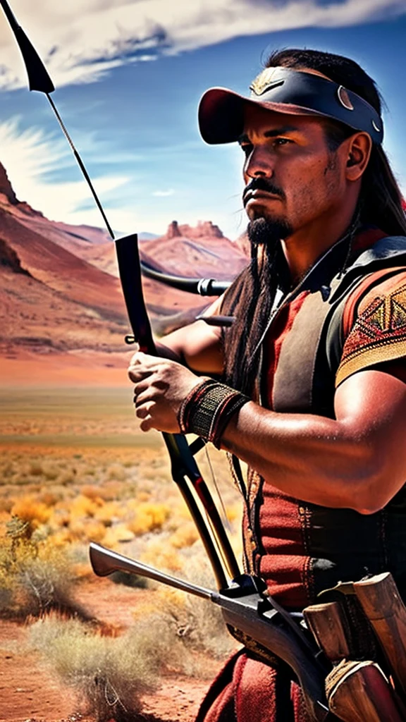 A native american archer in the wilderness, aiming bow and arrow at ...