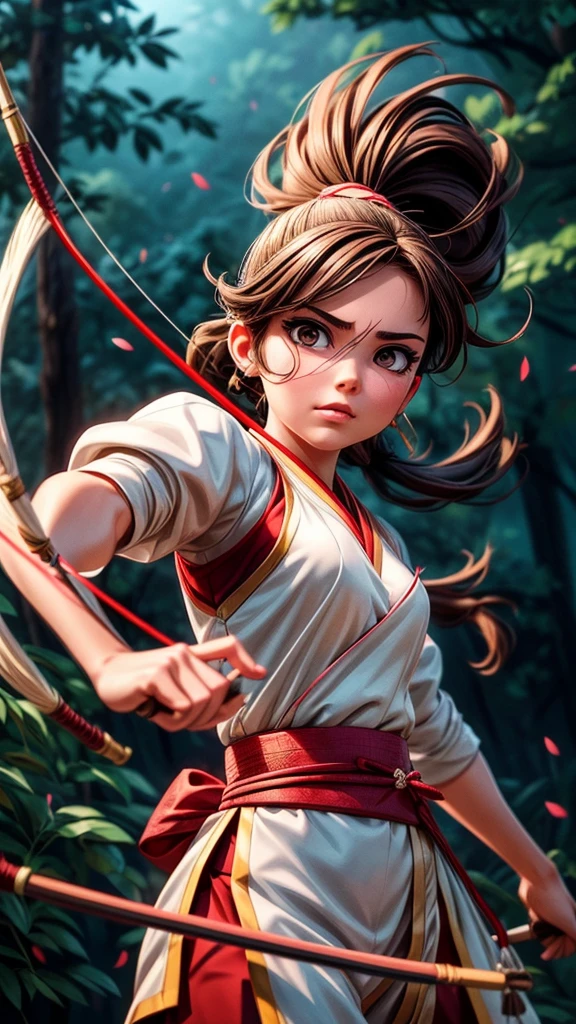 A graceful archer drawing a bow, perfect form, detailed features ...