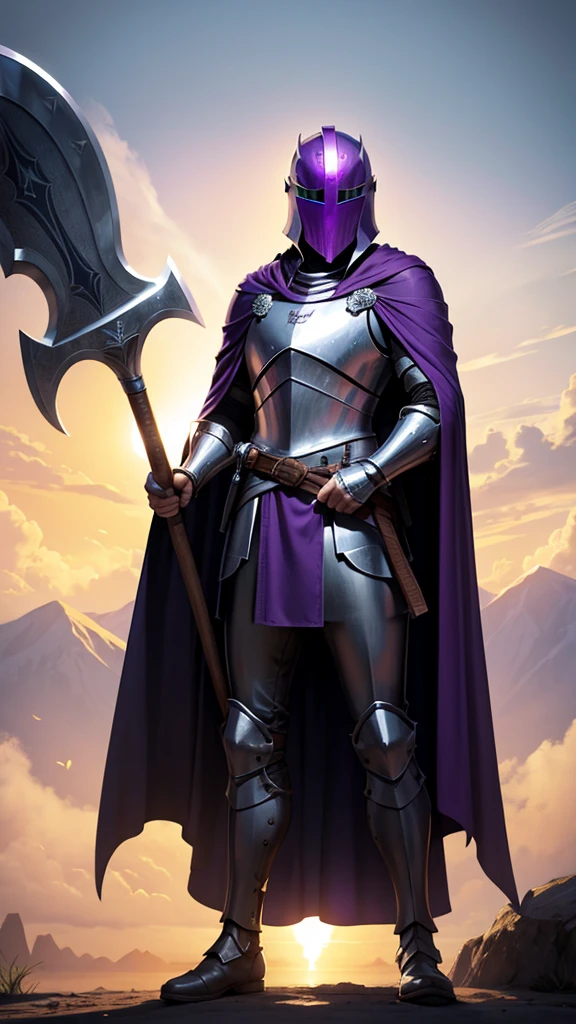 Knight wearing a flat helmet that covers the face, with a purple cape ...