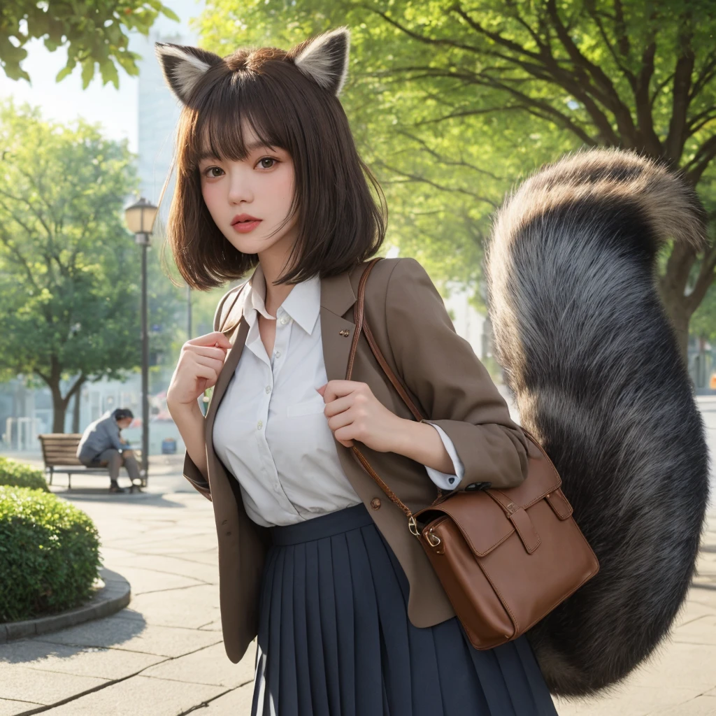 Woman in a skirt and jacket with a cat tail on her shoulder - SeaArt AI