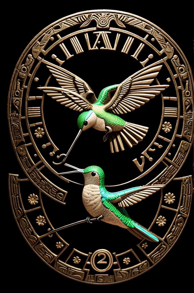 3d hummingbird with aztec calendar images in black background and ...