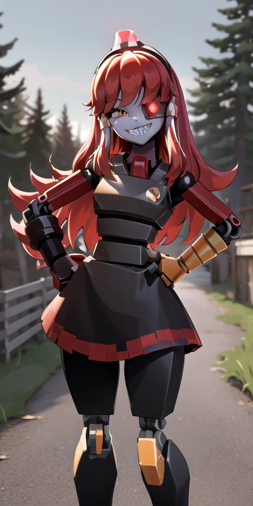 A beautiful and detailed portrait of mimi, mechanical hands,red hair ...