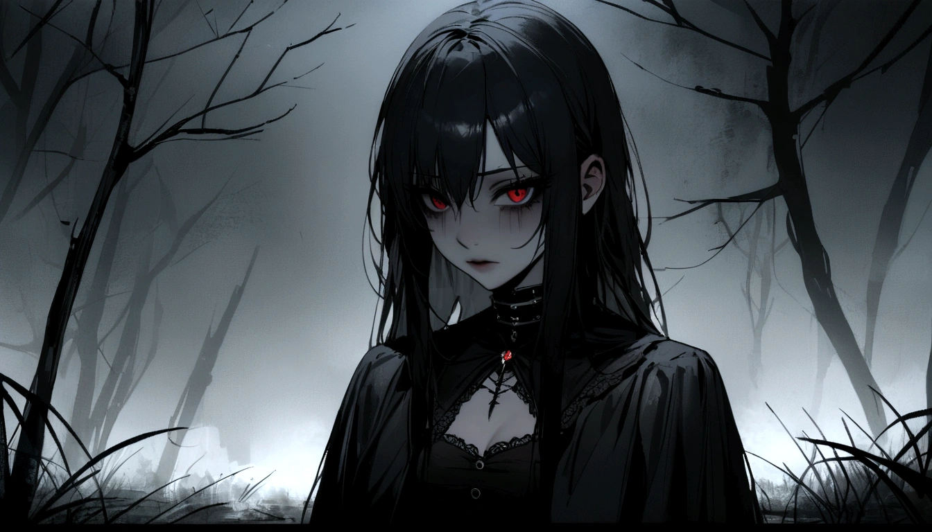 Goth girl with goth make-up in a creepy foggy marsh, witch aesthetic ...
