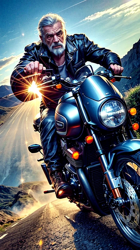A rugged old man riding a motorcycle, speeding down a treacherous ...