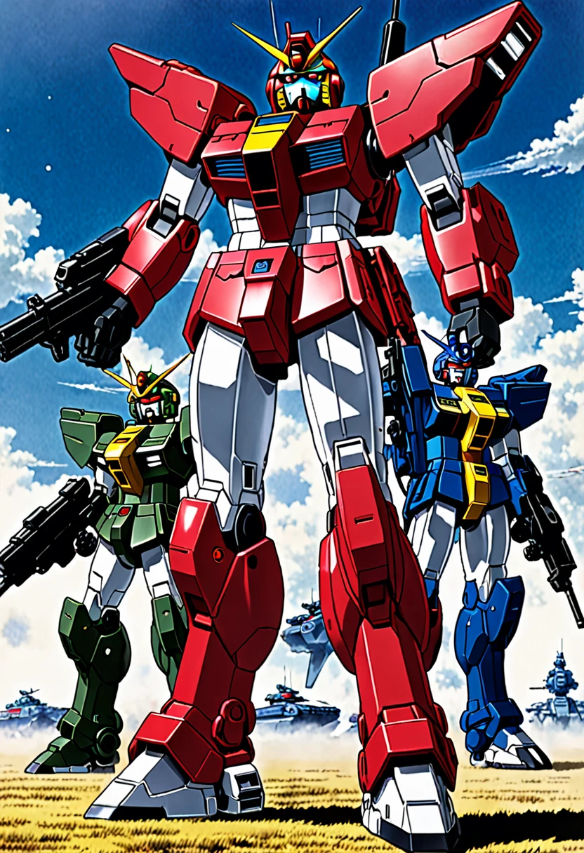 Seven-colored Gundam, Guncannon, and Gun Tank. - SeaArt AI