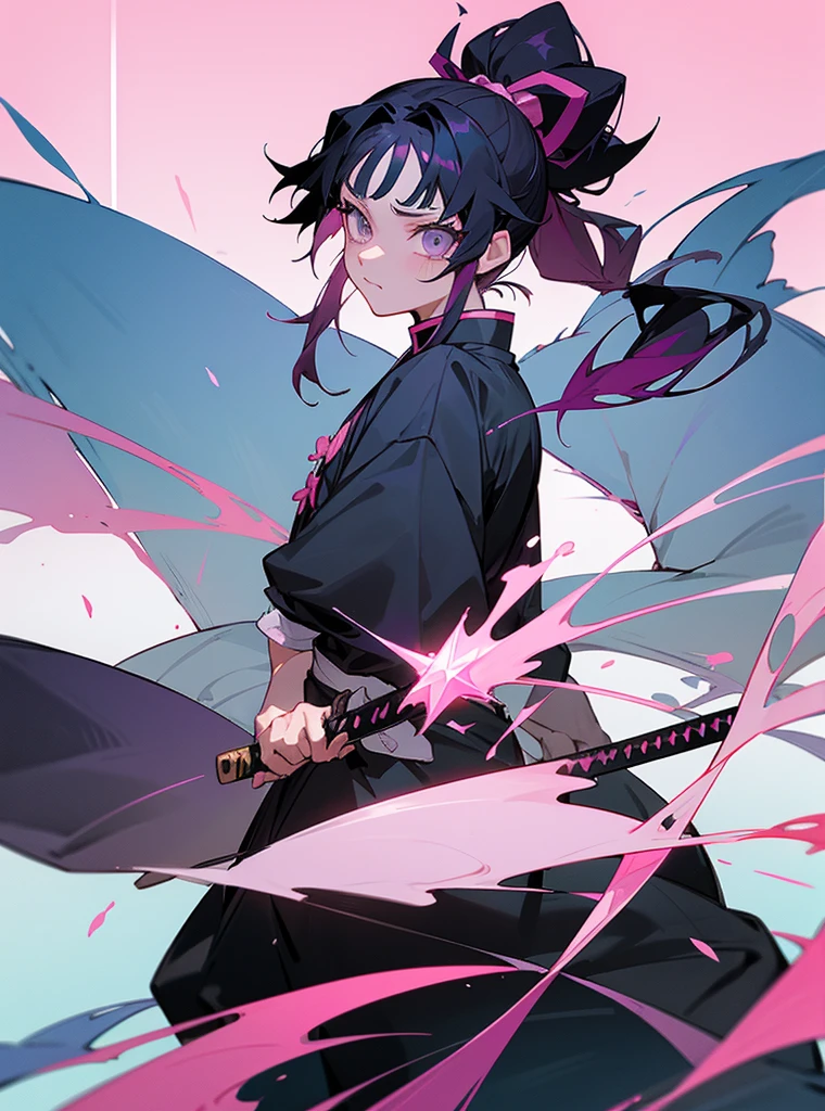 Create a demon slayer with a blue haori with stars hair tied with a ...