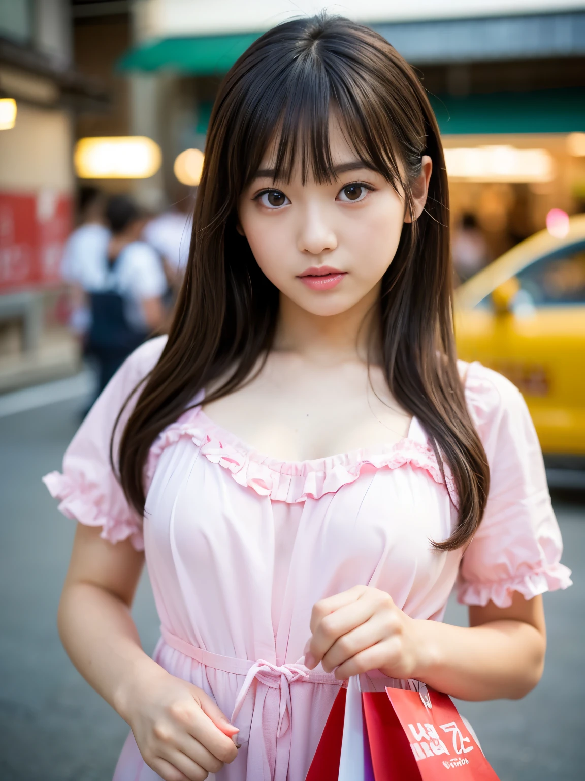 A close up of a woman in a pink dress holding a shopping bag - SeaArt AI