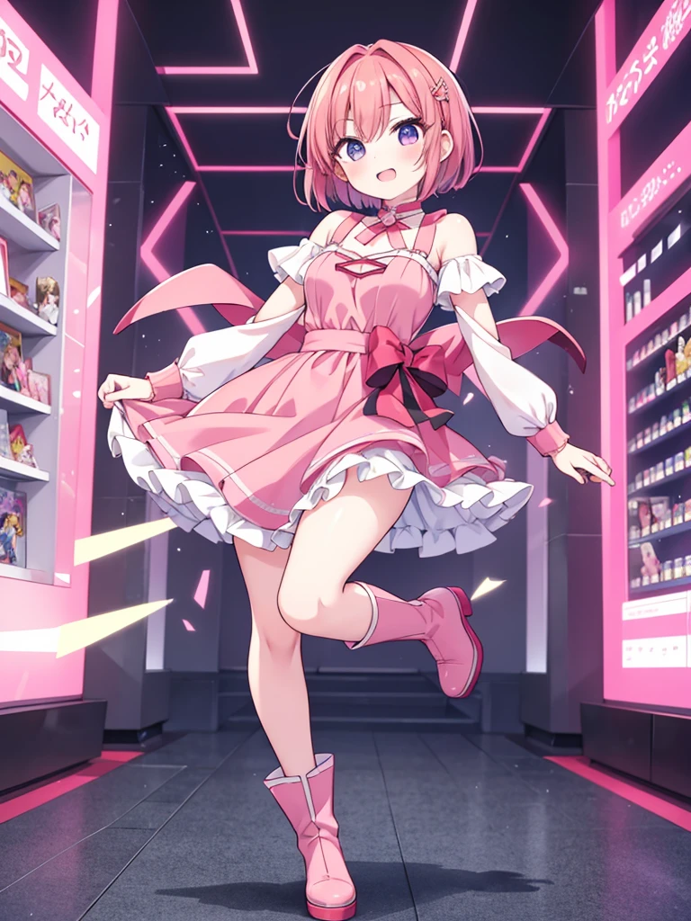 A solo girl,A woman in a pink dress and pink boots is posing - SeaArt AI