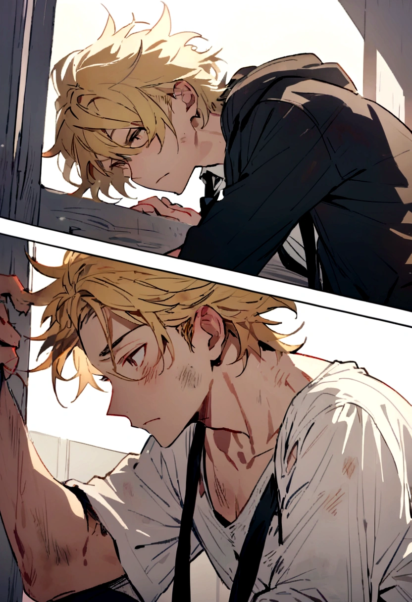 Young man with an angular face and striking features. His blonde hair ...