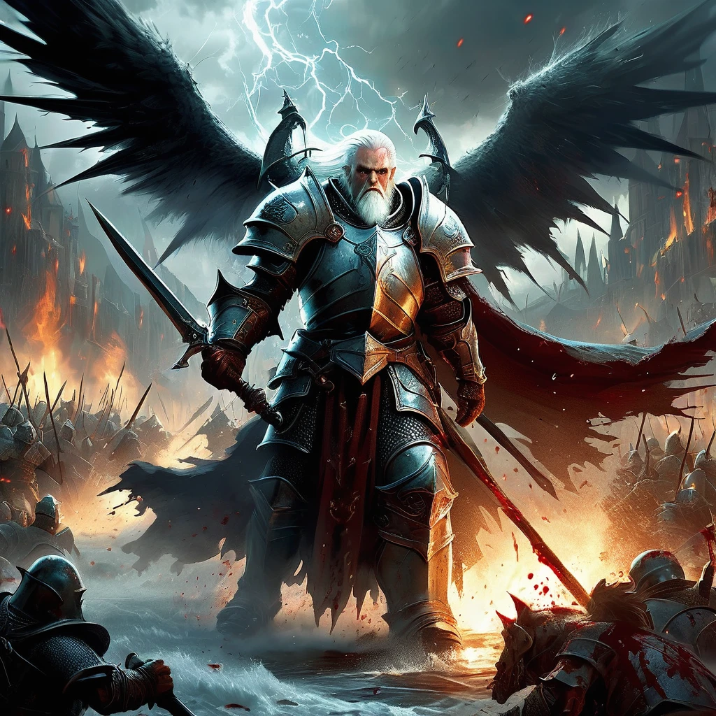 Amidst the chaos of battle, a white-haired dwarf clad in intricate ...