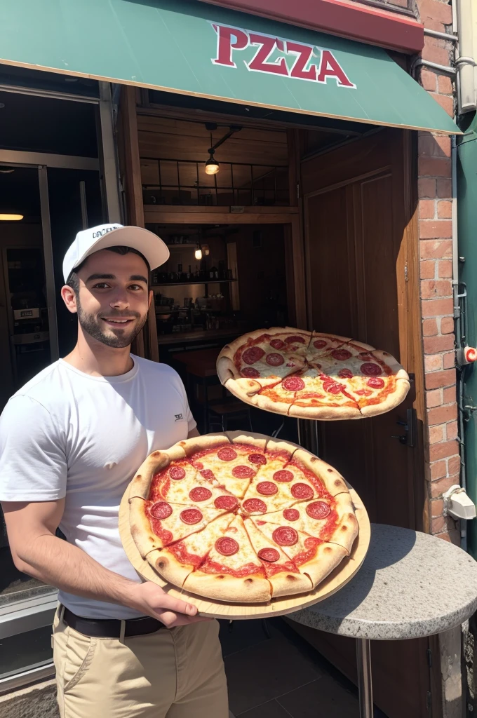 Pizzaiolo drawing with two pizzas in his hand - SeaArt AI