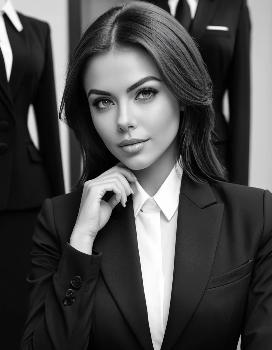 Arafed woman in a black suit posing for a picture, a black and white ...
