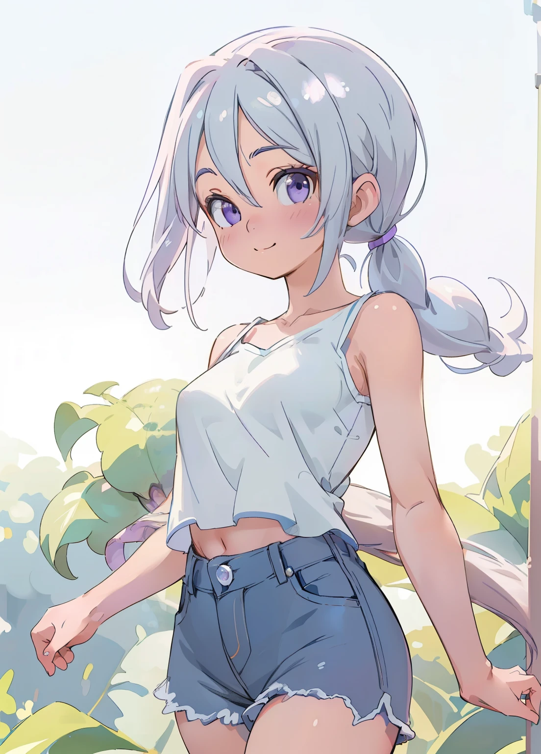 Anime girl with white hair and blue shorts standing in front of a pole ...