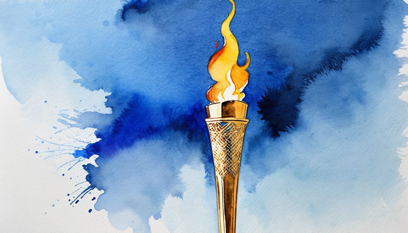 Watercolor painting of the Olympic torch on a blue background - SeaArt AI