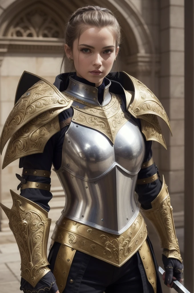 A close up of a woman in armor with a sword, stunning armor, wearing ...
