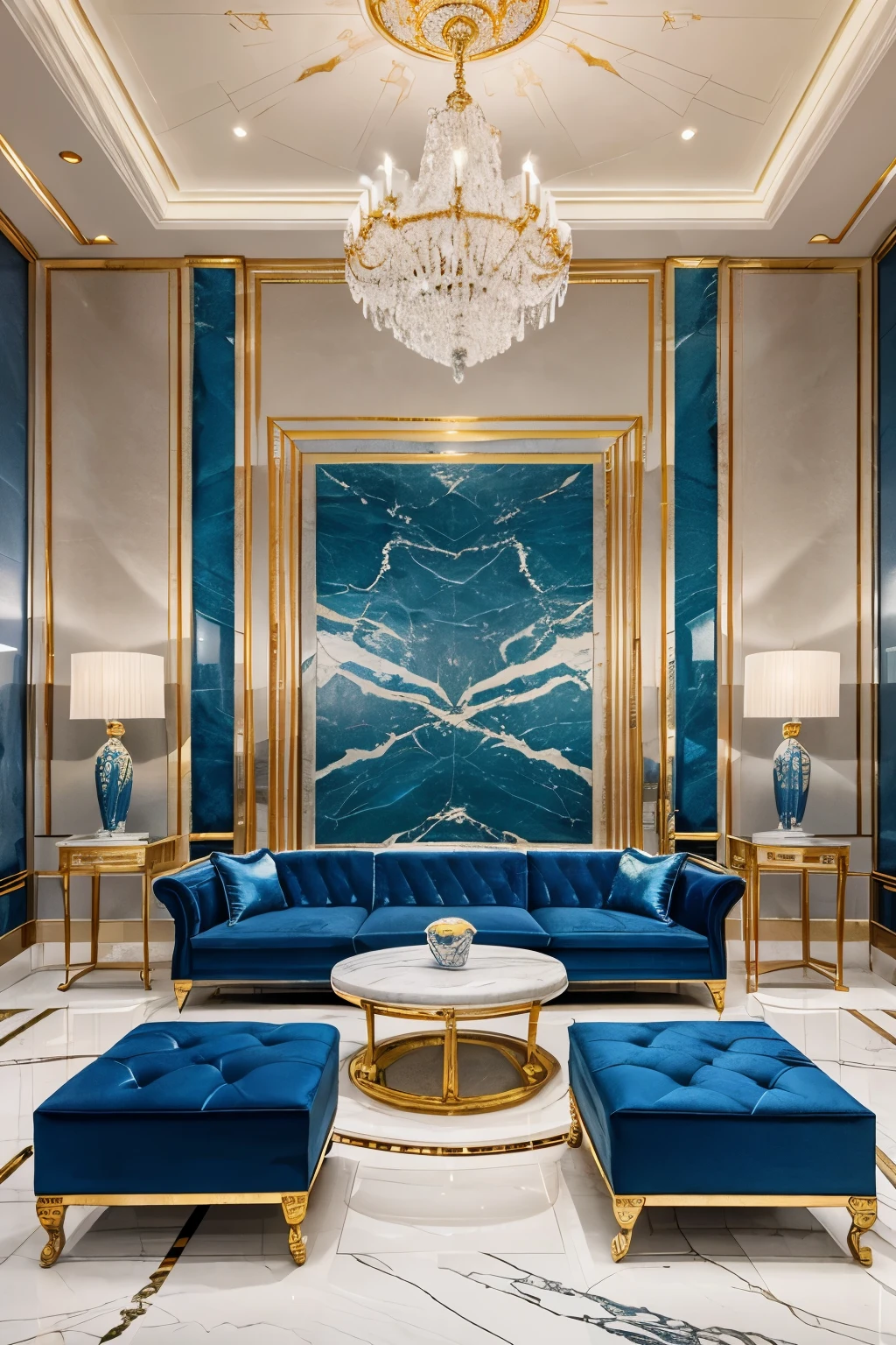 A blue couch and ottoman in a luxurious living room - SeaArt AI