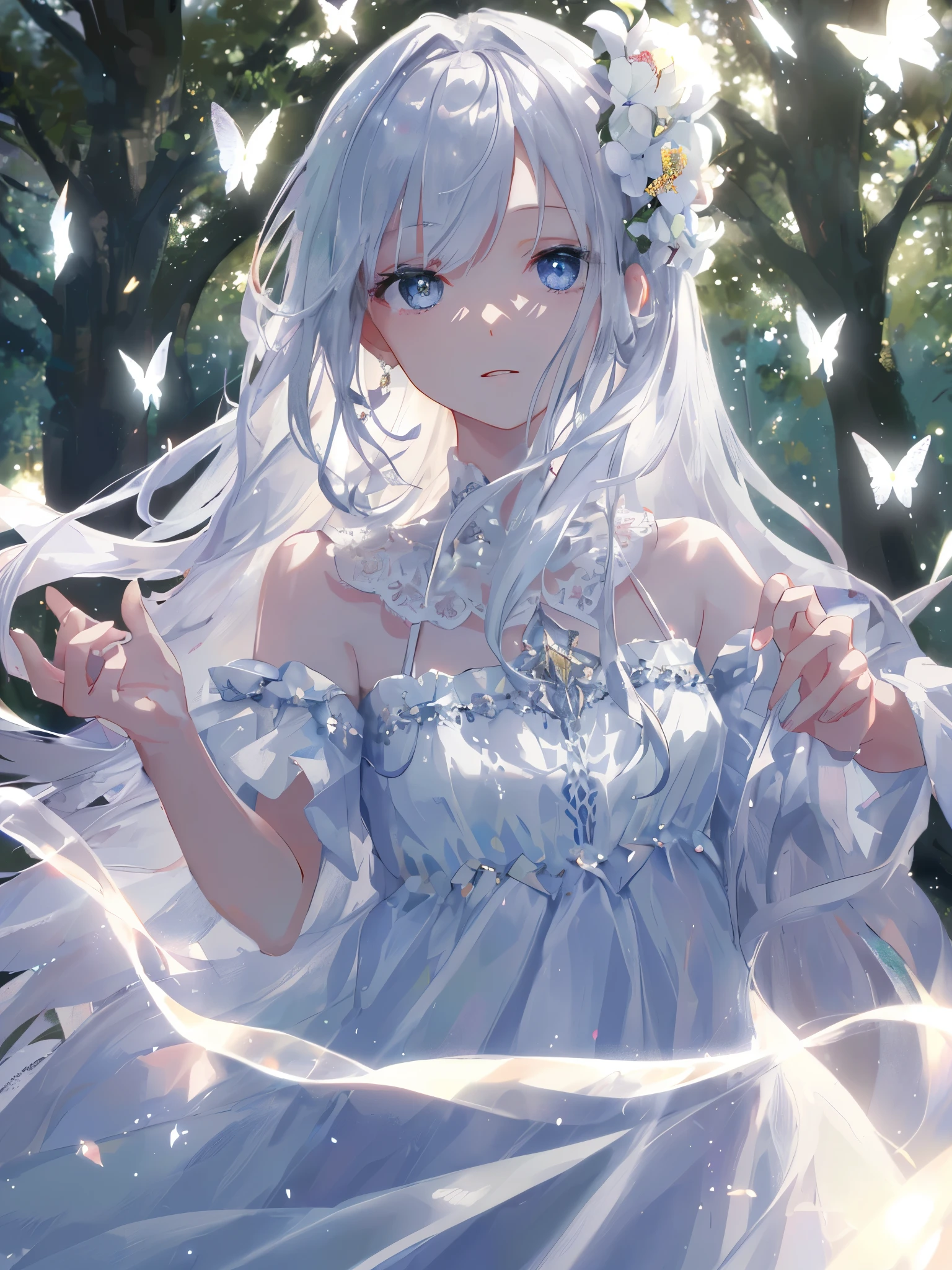Anime girl in a white dress with a butterfly in her hair - SeaArt AI