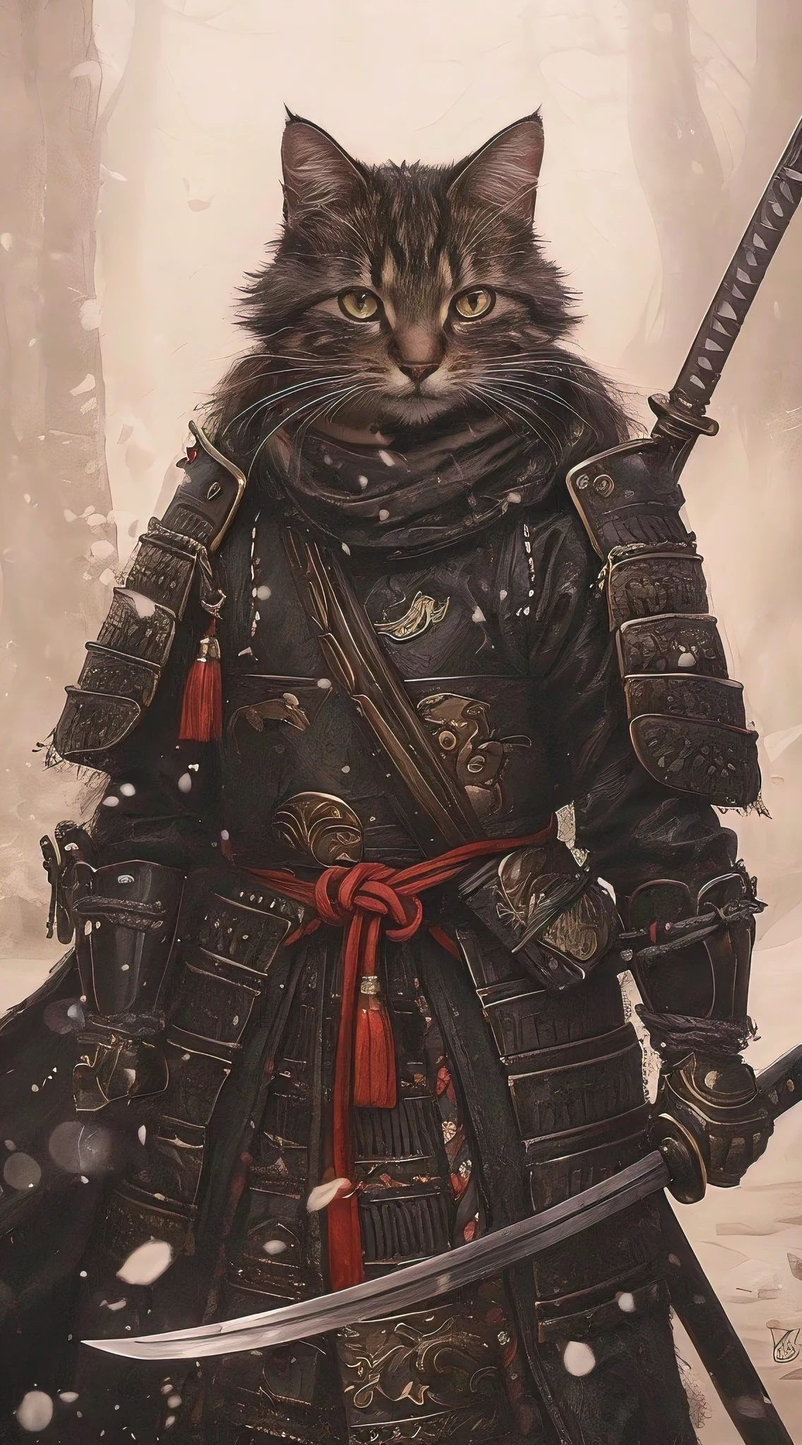 A close up of a cat wearing a samurai outfit with a sword - SeaArt AI