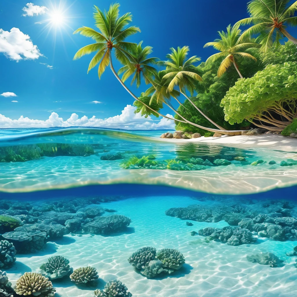 Generate a tropical paradise with crystal-clear waters. Depict a beach ...
