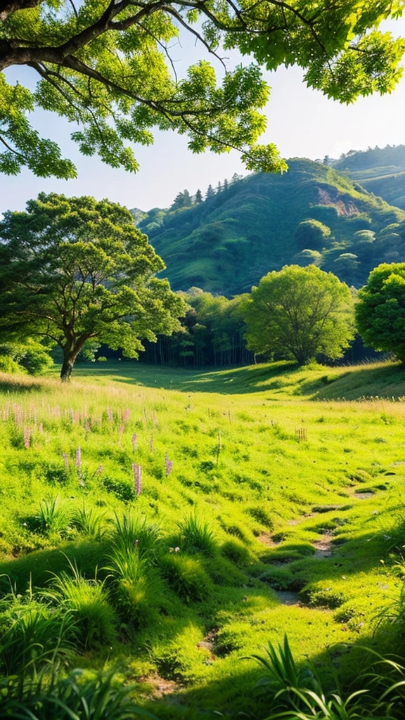 Nature anime, single flock tree golden, green Mountain nature - SeaArt AI