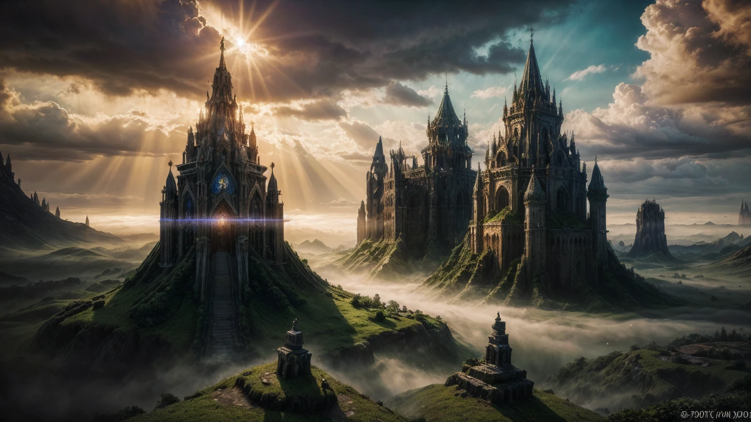 A detailed fantasy city, lush green foliage, towering spires - SeaArt AI