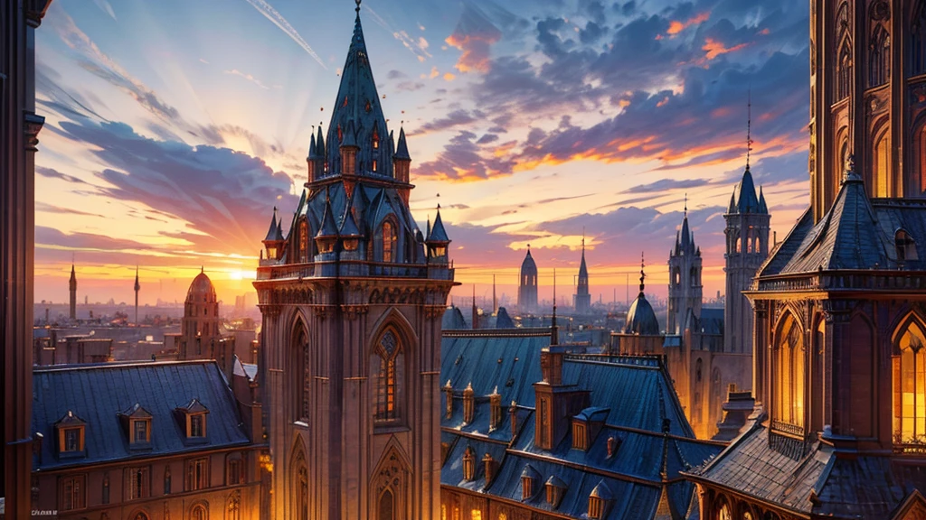 A beautiful medieval castle at sunset, white doves flying in the sky ...