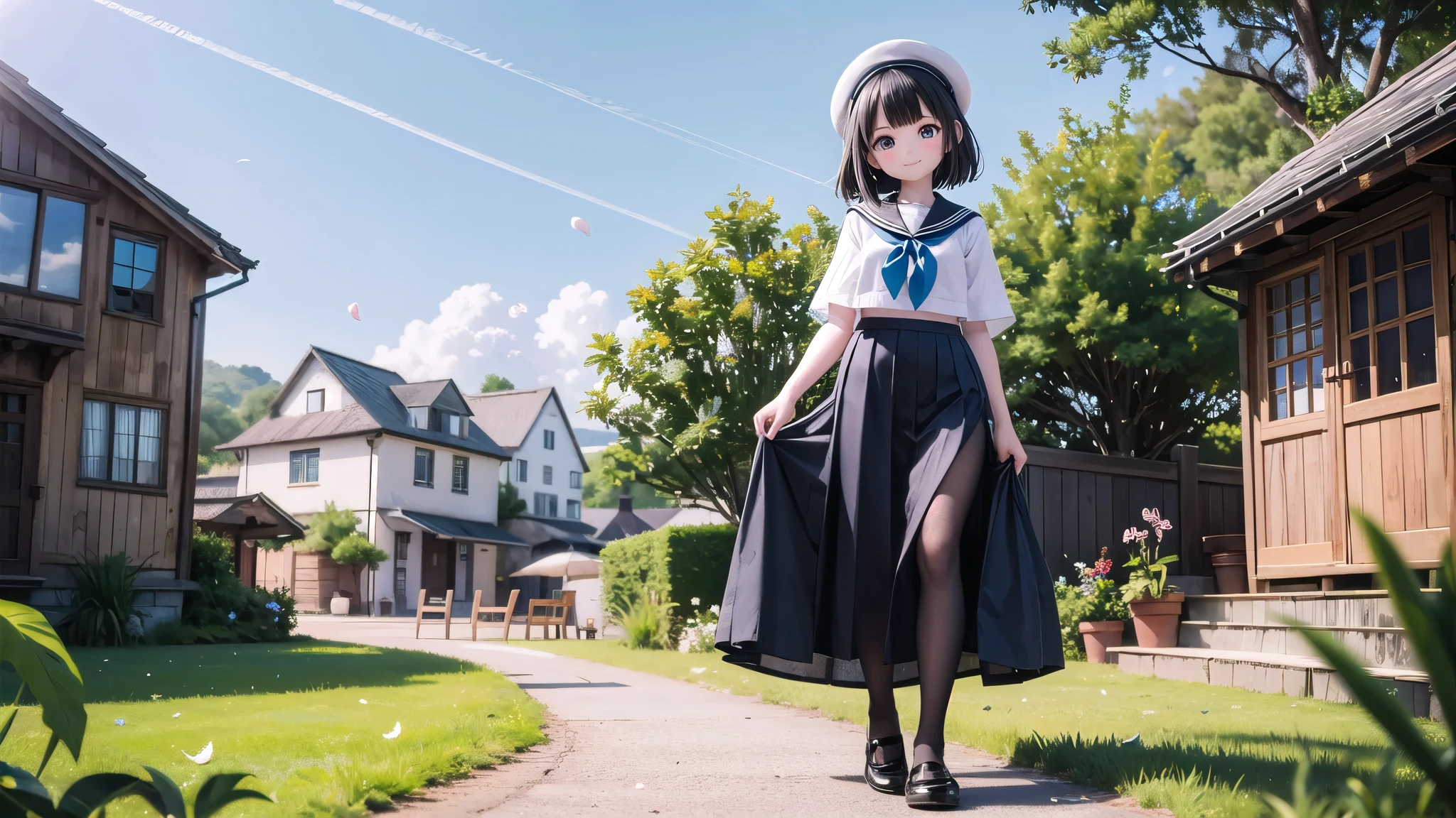 Anime girl in a skirt and hat walking down a path - SeaArt AI