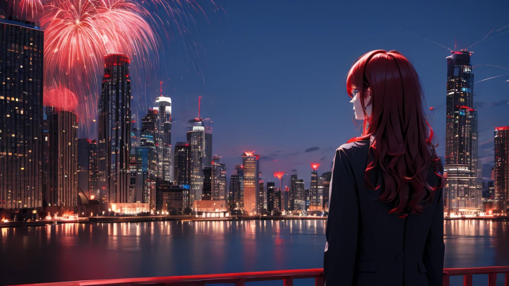 1 girl, medium light red hair, light blue eyes, wearing Black suit ...