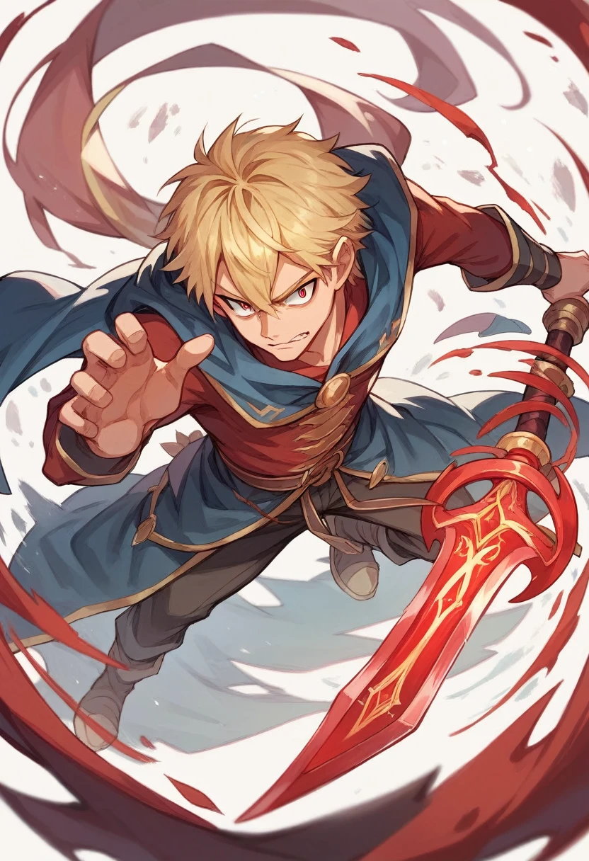 Make an anime-style image of a wizard,blonde haired man,scalar eyes ...