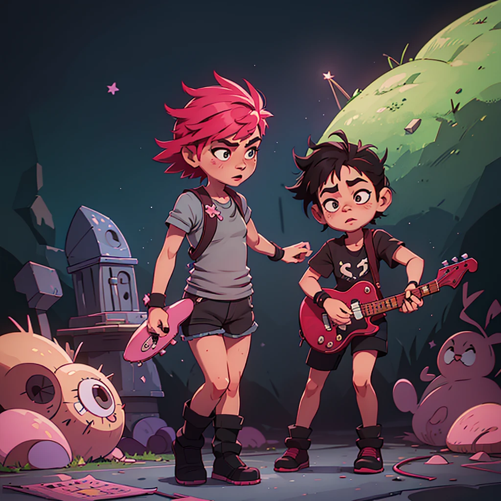 Make a fanart drawing, Kizi, skin fair, Pink short hair, the gray shirt ...