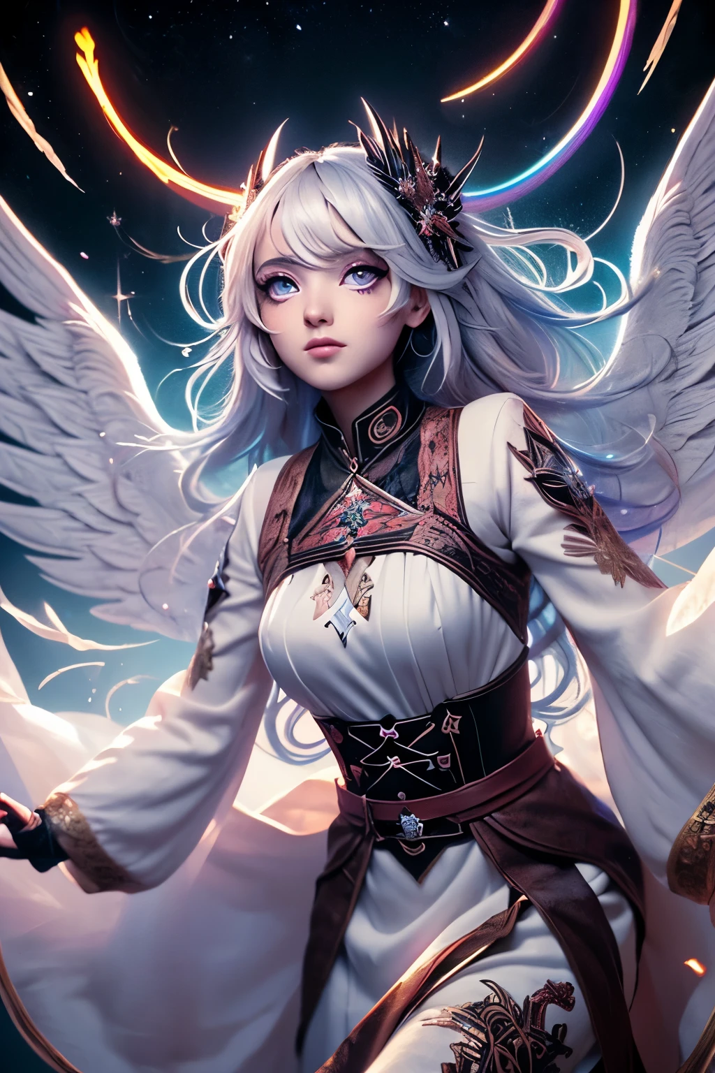 A woman with white hair and wings holding a sword - SeaArt AI