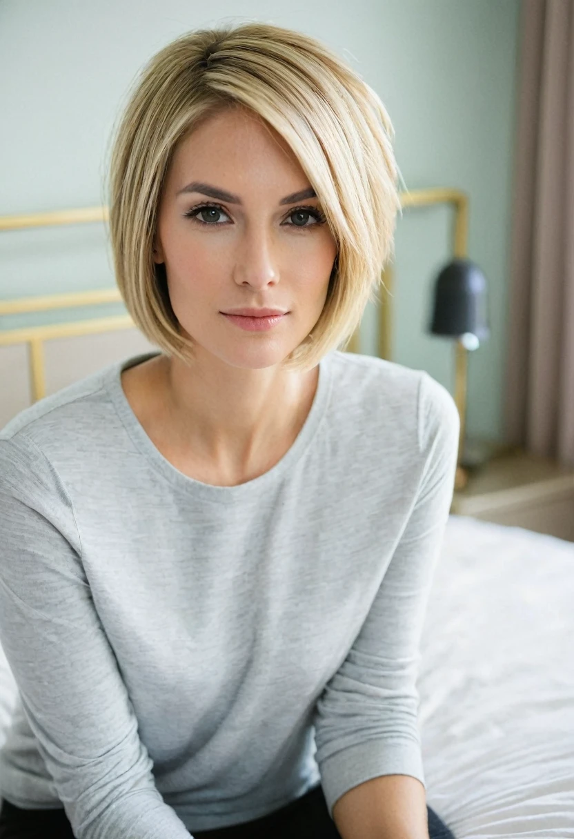 Pretty woman, 30 year old woman, blonde, light makeup, sitting on bed - SeaArt AI