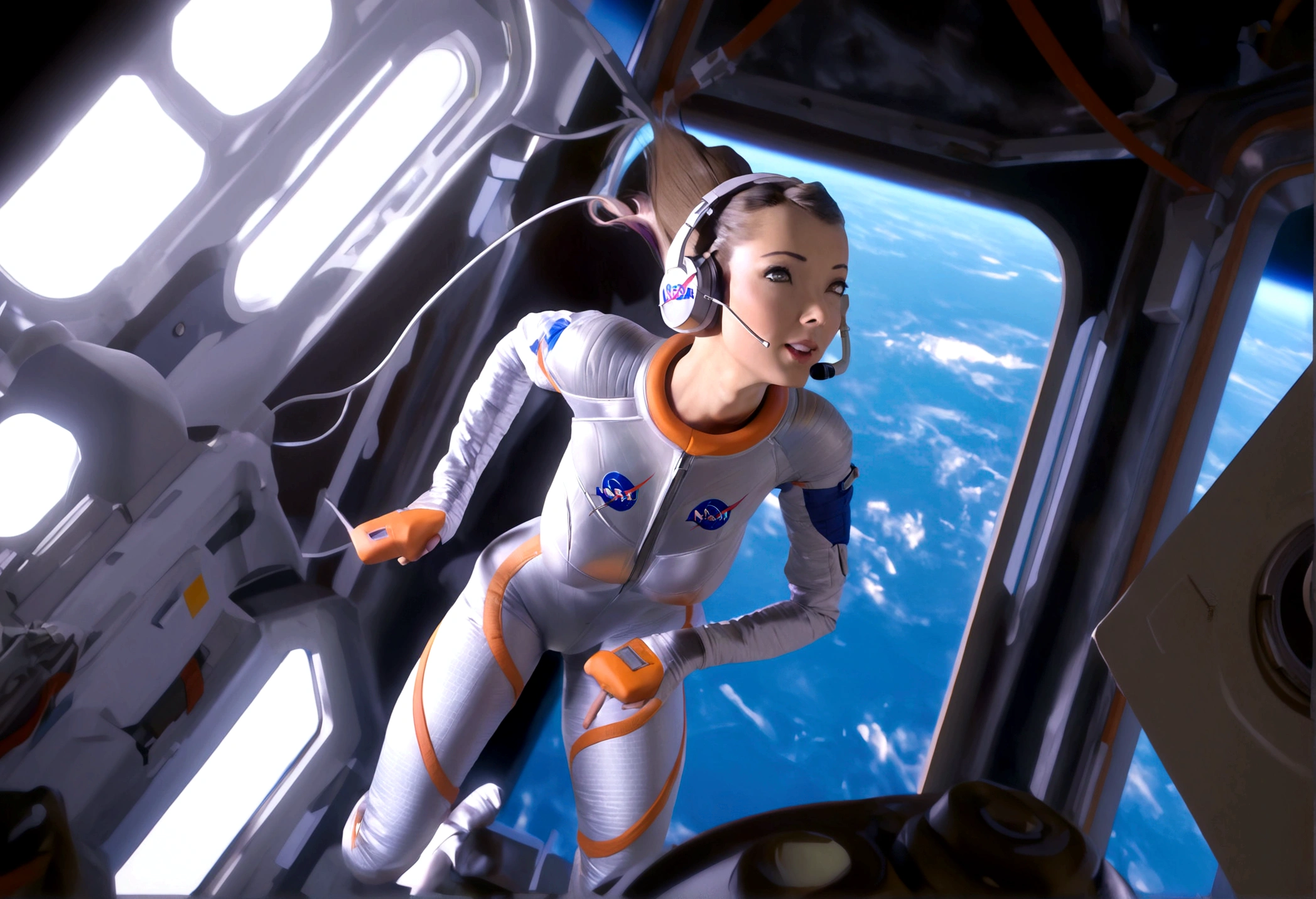 A cute woman with a headset, wearing a NASA skin suit, tight hairdo ...
