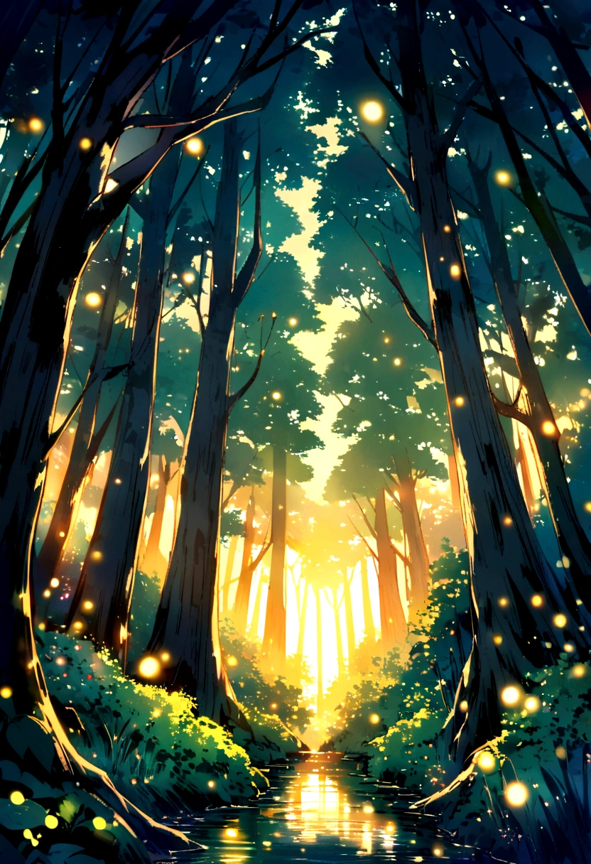 A quiet forest landscape at sunset with a soft glow. The forest is full ...