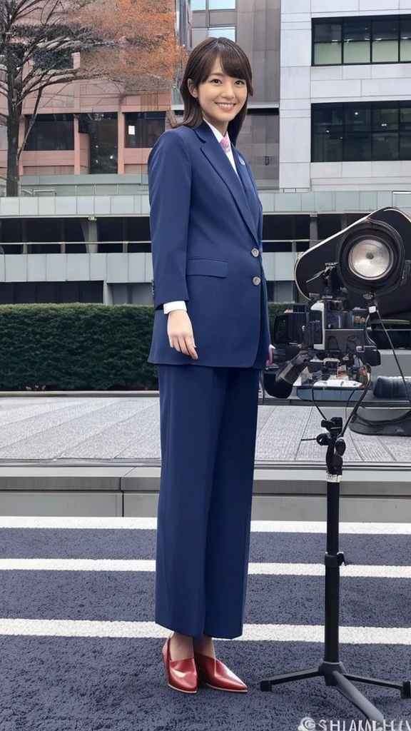 A full-body genuine photo of a cute Japanese weather presenter wearing ...