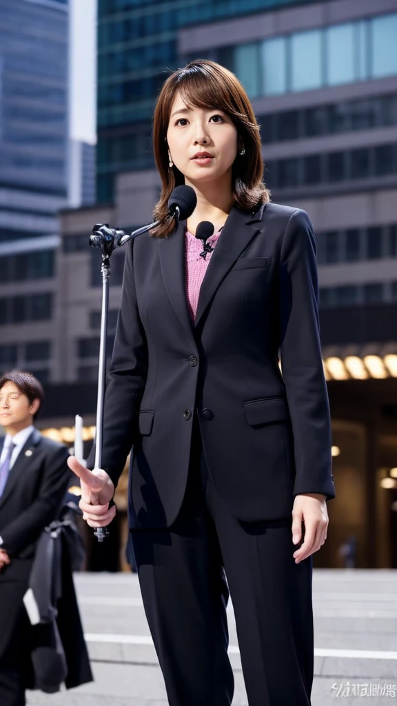 The whole body of a cute Japanese announcer holding a microphone and ...
