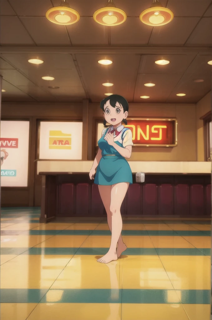 A waitress in a 70s restaurant, vintage 70s restaurant, neon signs ...