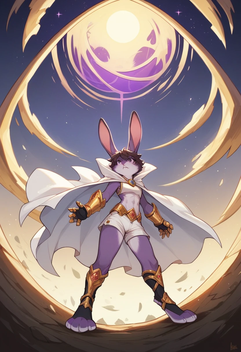 Create a picture of a half rabbit character with purple giant rabbit ...