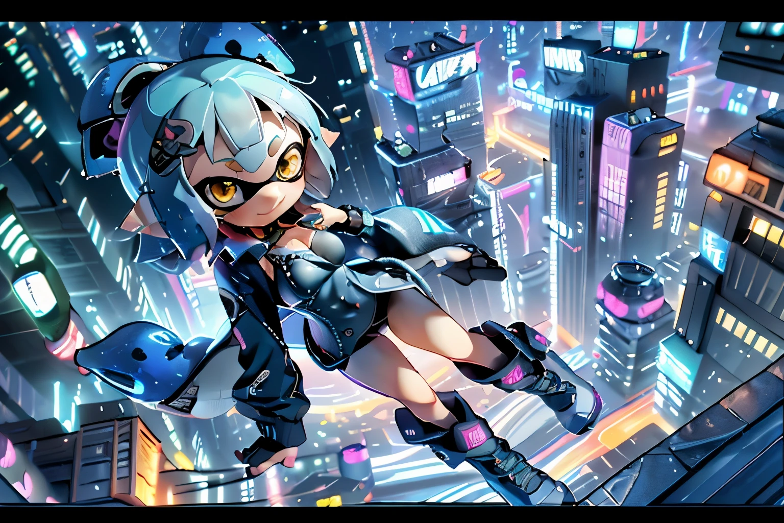 Anime girl in a futuristic city at night（inkling player character ...