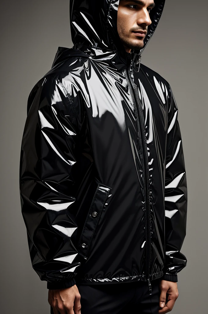 MAN wearing a shiny nylon anorak. Completely closed and the hood put on ...