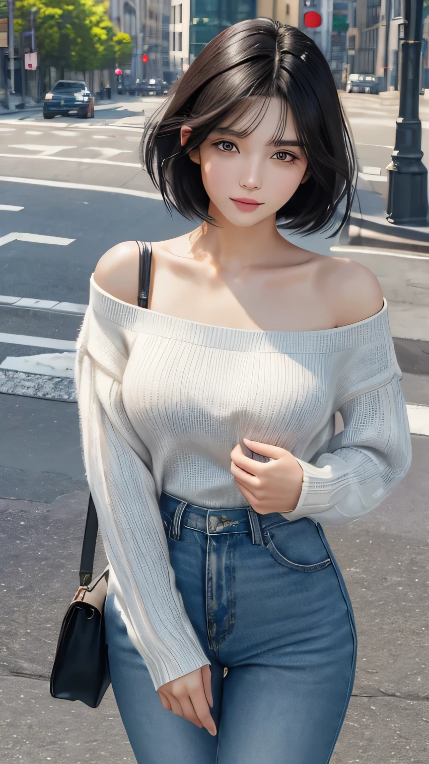 A woman with a shoulderless sweater and jeans is walking down the ...