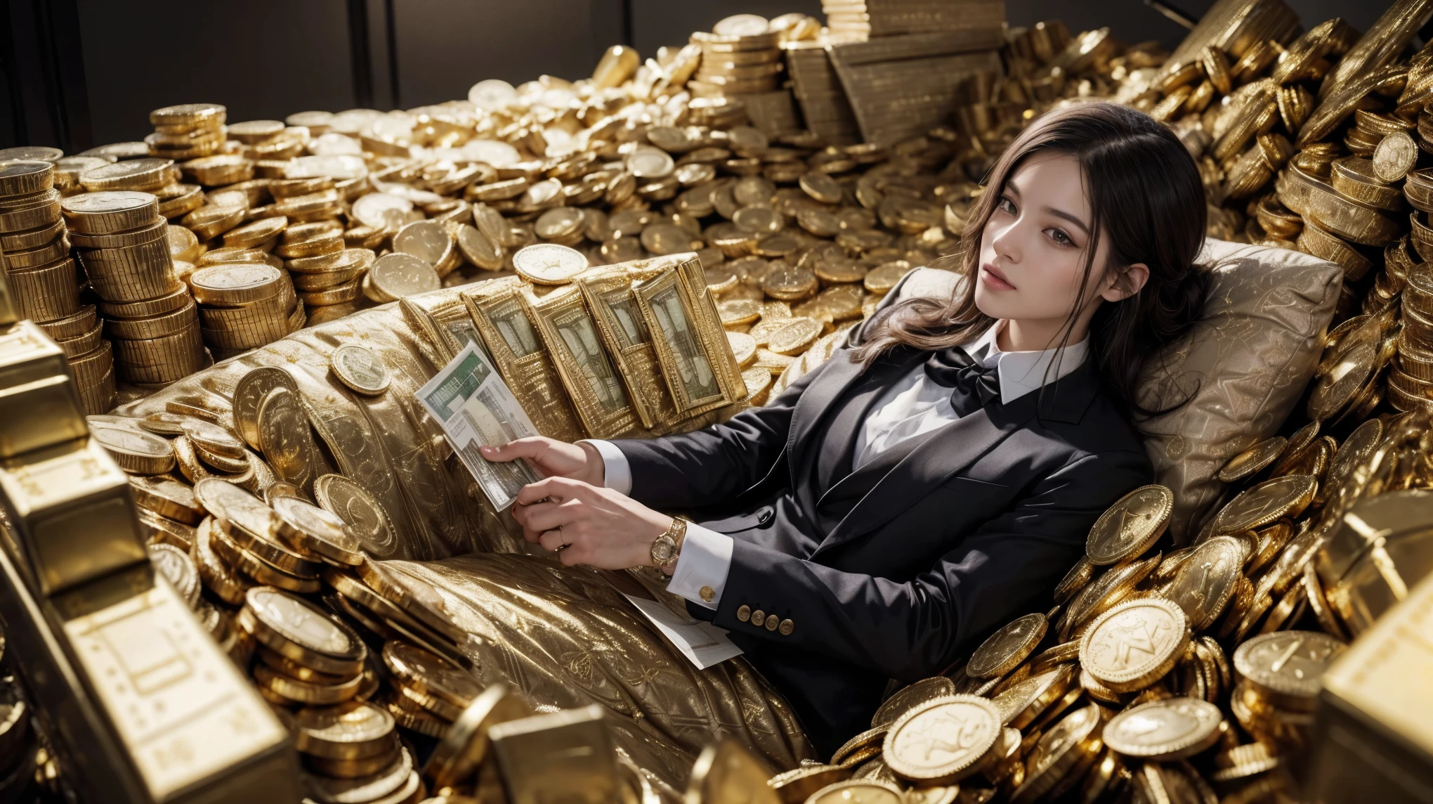 A woman in a suit sitting on a couch covered in gold coins - SeaArt AI