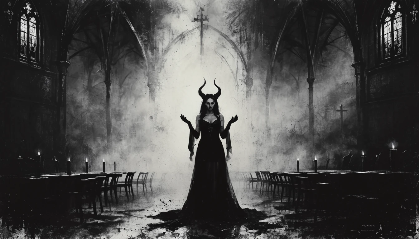 A painting of a holy succubus with horns, in prayer with upraised hands ...