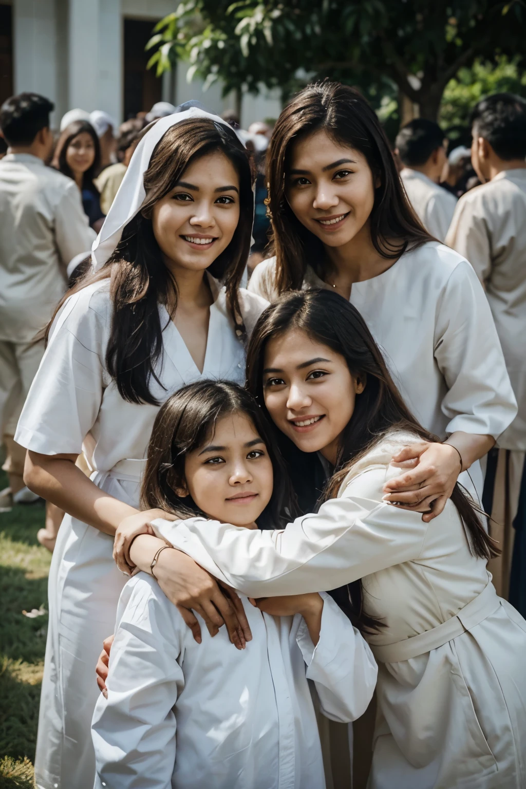 Three women in white robes hugging each other in a park - SeaArt AI