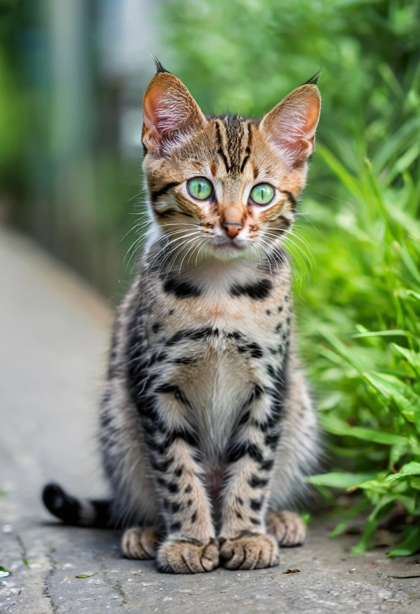 A small spotted cat sits on the side of a busy stree green eyes ...