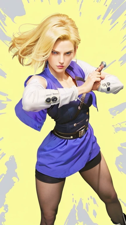 A close up of a woman with a sword, android 18, high quality colored ...
