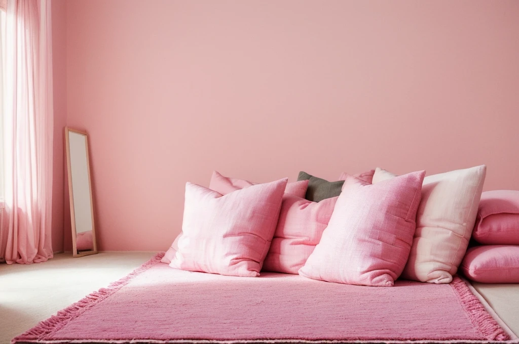 There is a pink bed with pillows and a pink rug, pink zen style - SeaArt AI
